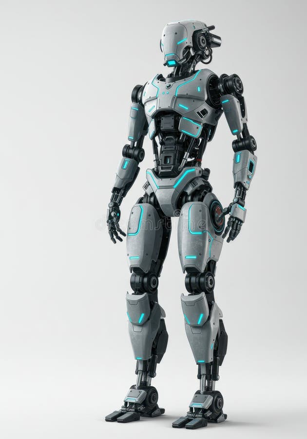 Humanoid Robot with Glowing Blue Joints in a White Studio Stock Illustration - Illustration of ...
