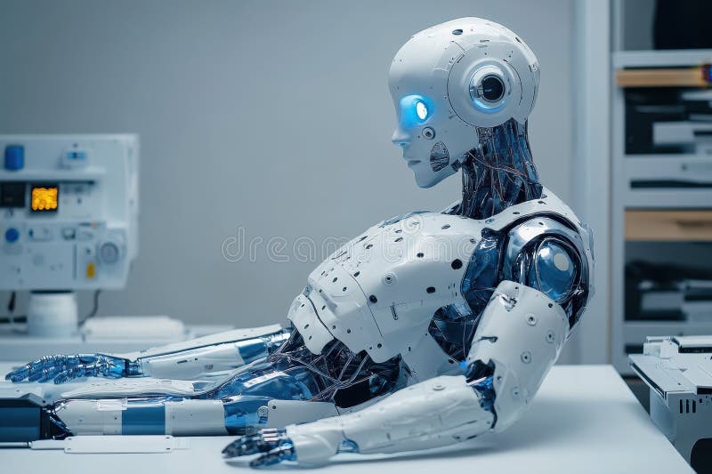 A Humanoid Robot with Glowing Eyes Rests on a Lab Table during a ...