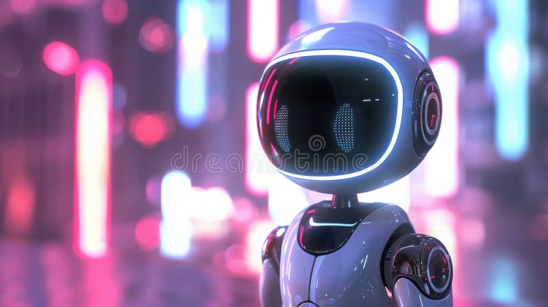 Humanoid Robot with Glowing Face in a Neon-lit Cityscape. Futuristic AI ... Humanoid Robot with Glowing Face in a Neon-lit Cityscape. Futuristic AI ...