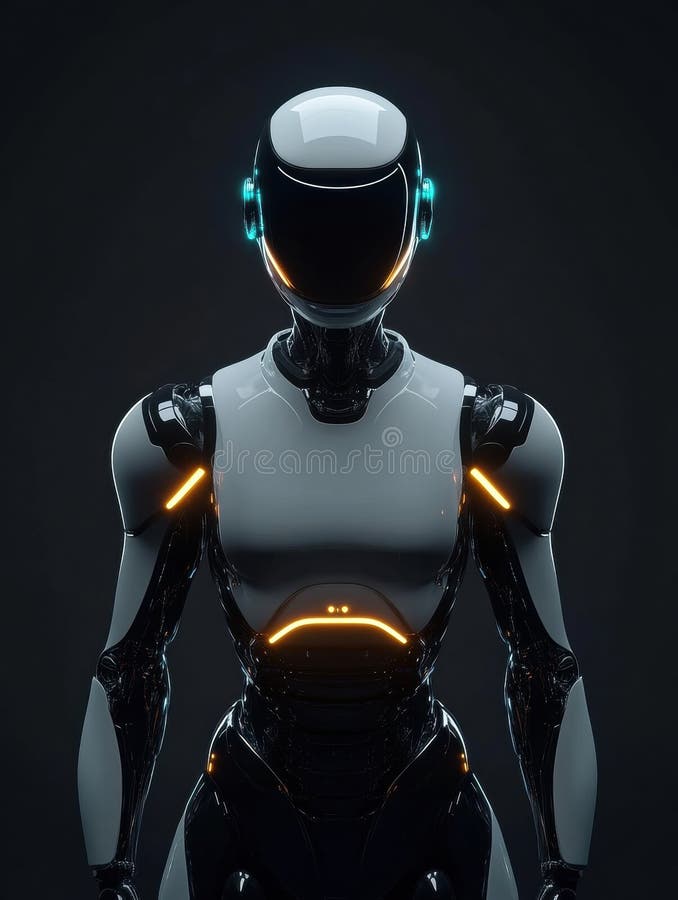 Humanoid Robot with Glowing Features Stands Centered Against a Dark ...