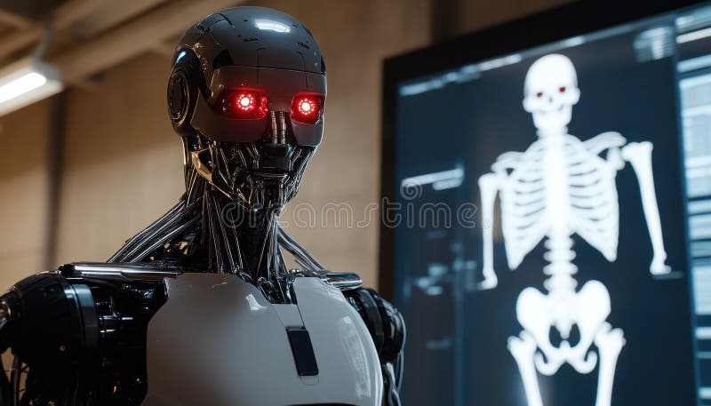 Humanoid Robot with Glowing Red Eyes Studies Human Skeleton on Large ...
