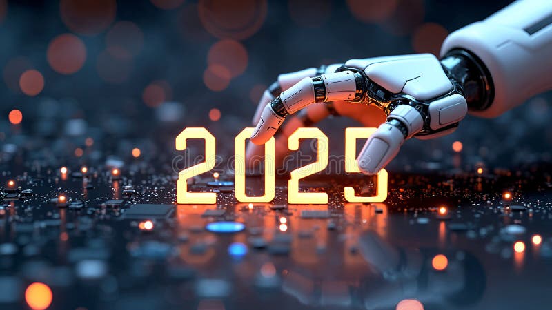 A Humanoid Robot Hand Touching 2025 on Circuit Diagram Start Ai ...