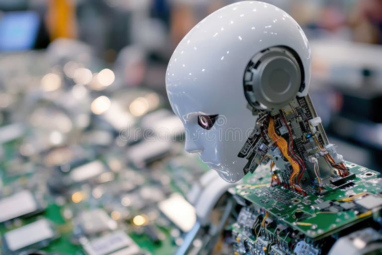Humanoid Robot Head Examining Circuit Board in Technological Setting ...
