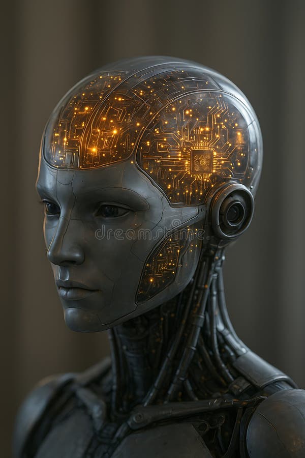 Humanoid Robot Head with Transparent Panels and Glowing Circuits Stock ...