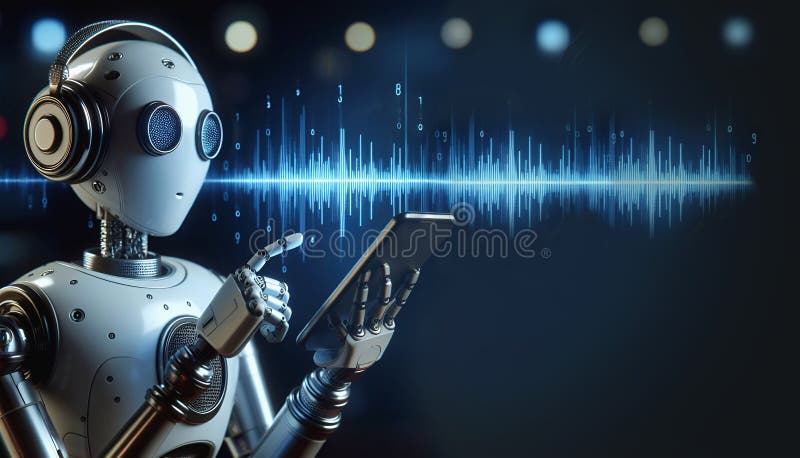 Humanoid Robot with Headphones and Smartphone on Dark Blue Background ...