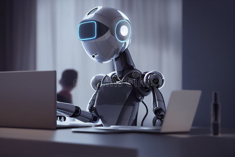 Humanoid Robot with a Headset and a Laptop, Generative AI Illustration ...