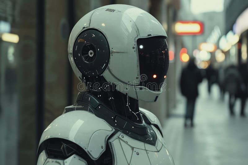 Humanoid Robot with Helmet Visor in Urban Setting, Futuristic Technology Stock Illustration ...
