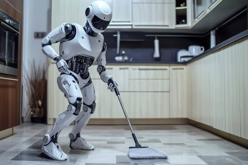 A Humanoid Robot Helps Around the House, Cleans Floors. Artificial ...