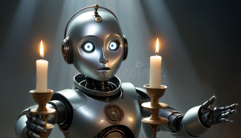 Humanoid Robot Holding Candles in a Dramatic Scene Stock Image - Image ...