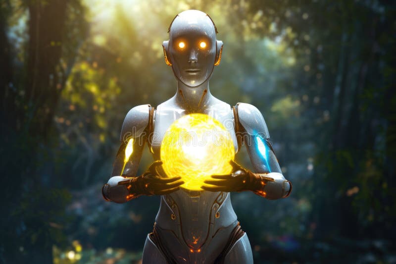 Humanoid Robot Holding a Glowing Energy Source Stock Image - Image of ...