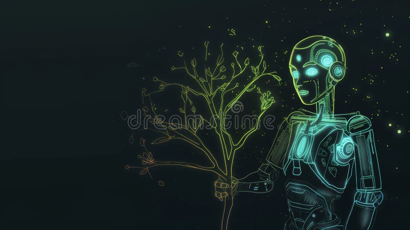 Humanoid Robot Holding Glowing Tree Branch in Dark Background Stock ...