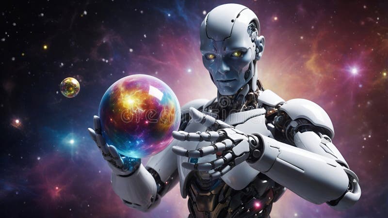 Robot Keeps the Earth. Planet in Hands at High Technology. Conceptual ...