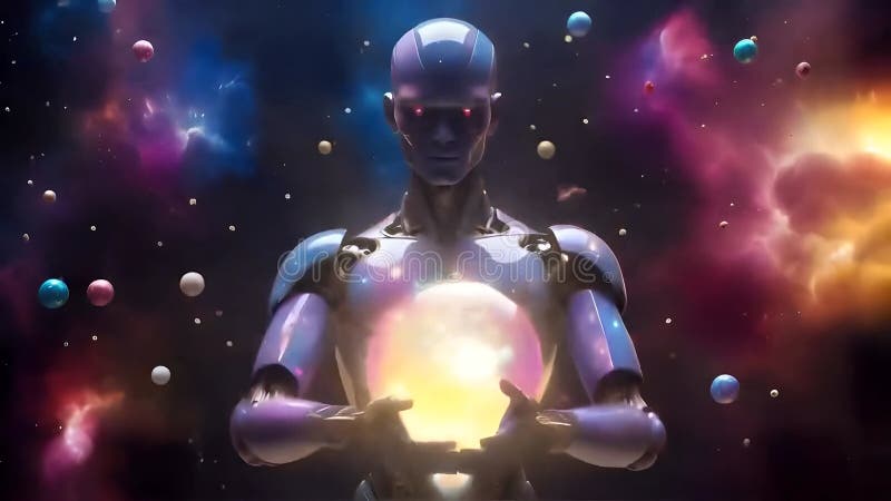 Humanoid Robot Holding a Holographic Projection of Planet Earth in His ...