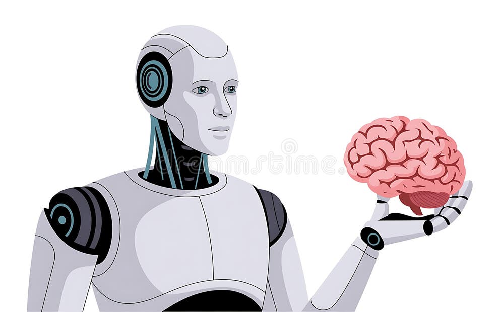 A Humanoid Robot Holding a Human Brain, Symbolizing Artificial ...