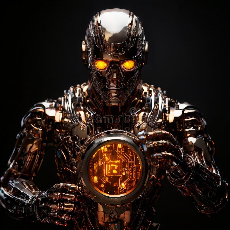 Humanoid Robot Holding an Illuminated Circuit Board in Dark Setting ...
