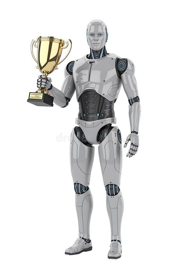 Humanoid Robot Holding a Shining Gold Trophy Showcasing Advanced ...