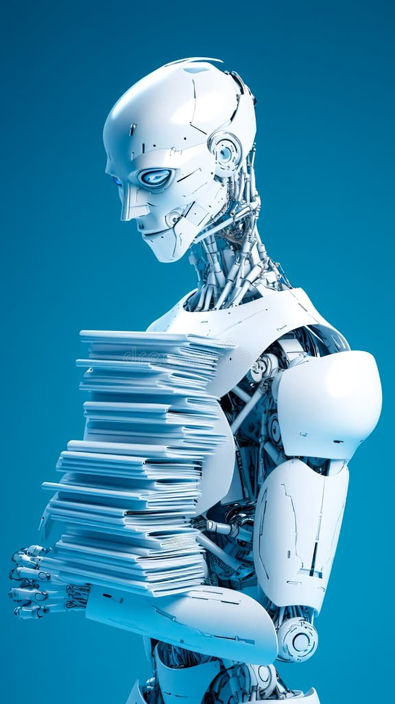Humanoid Robot Holding a Stack of Documents, Generative AI. Stock Photo - Image of banner ...