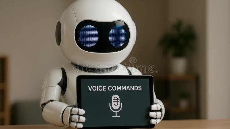 Humanoid Robot Holding Tablet with Voice Commands Text and Microphone ...
