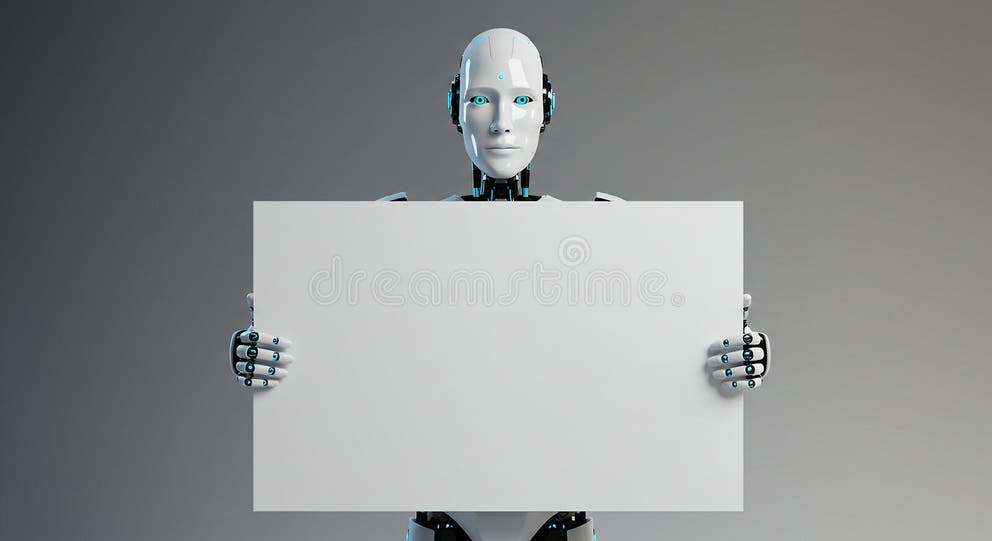A Humanoid Robot Holds a Blank White Rectangular Sign with Both Hands ...