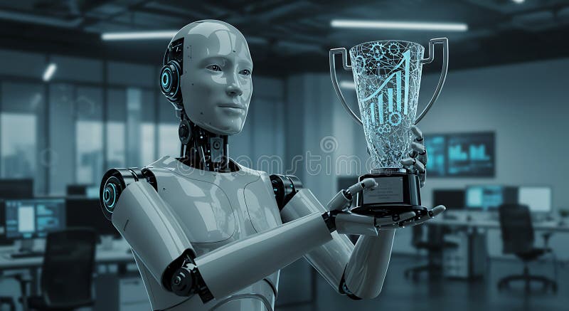 A Humanoid Robot Holds a Transparent Trophy with Digital Circuit ...