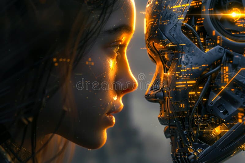 Humanoid Robot and a Human Interacting in Harmony, Glowing Digital ...