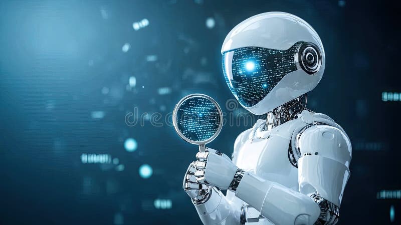 A Humanoid Robot Inspects Data with a Magnifying Glass, Surrounded by ...