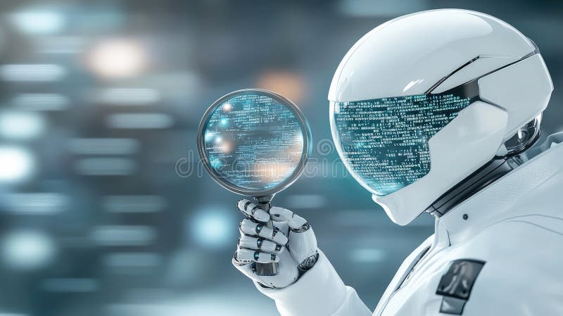 A Humanoid Robot Inspects Data with a Magnifying Glass, Surrounded by ...