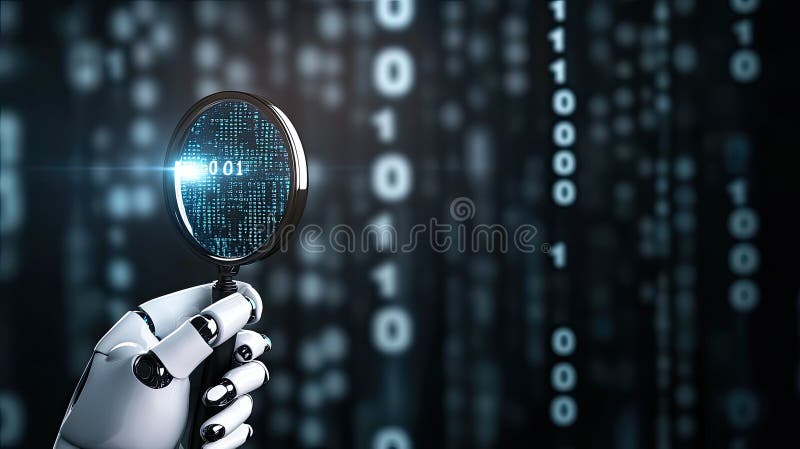 A Humanoid Robot Inspects Data with a Magnifying Glass, Surrounded by ...