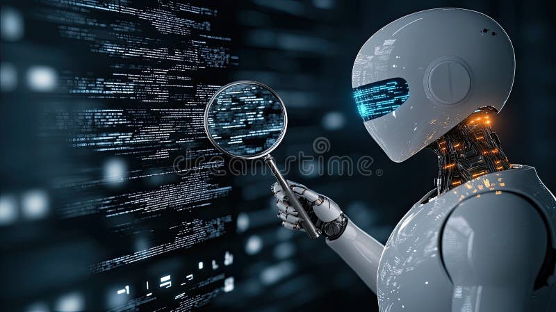 A Humanoid Robot Inspects Data with a Magnifying Glass, Surrounded by ...