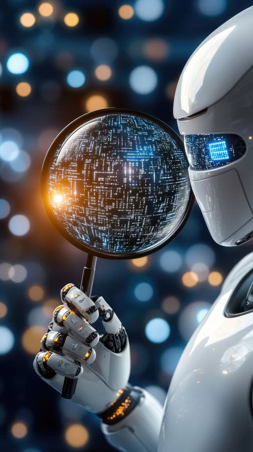 A Humanoid Robot Inspects Data with a Magnifying Glass, Surrounded by ...