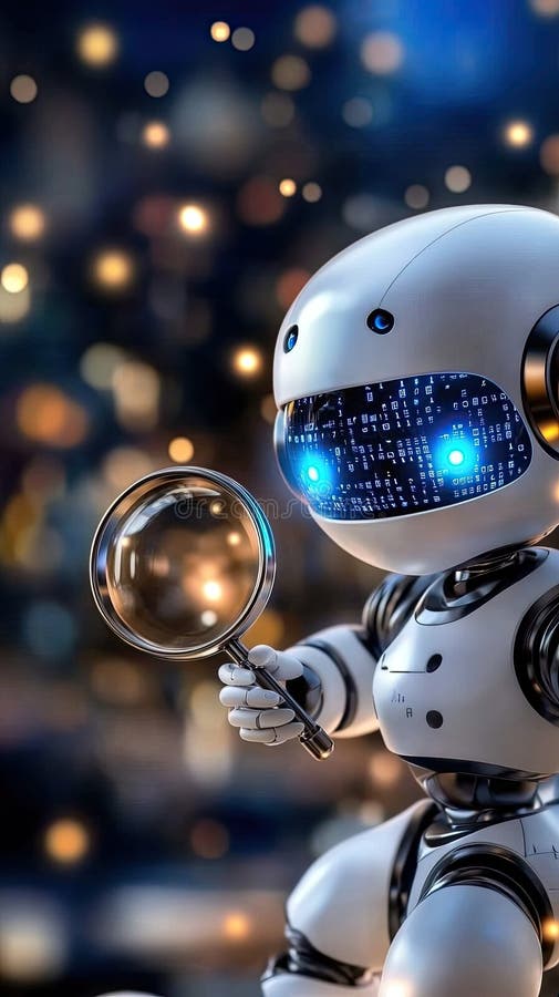 A Humanoid Robot Inspects Data with a Magnifying Glass, Surrounded by ...