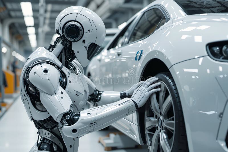 Humanoid Robot Install a Wheel on a Car Stock Illustration ...