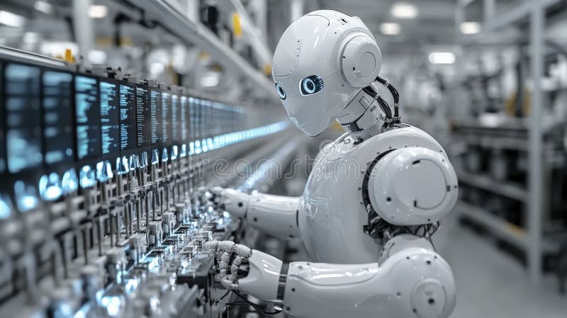 Humanoid Robot Interacting with Control Panel Stock Illustration ...