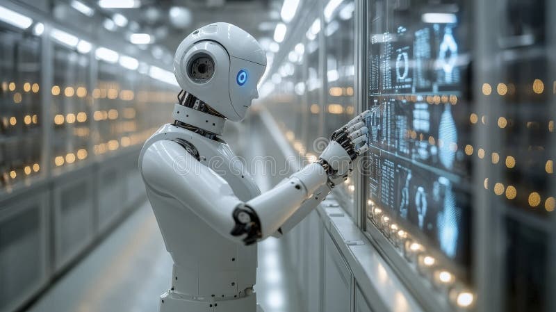 Humanoid Robot Interacting with Digital Display Panels Stock ...