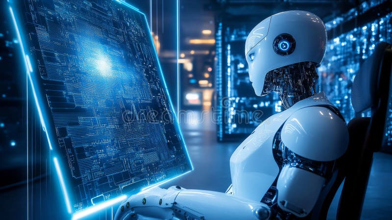 Humanoid Robot Interacting with a Digital Tablet in a Futuristic Lab ...