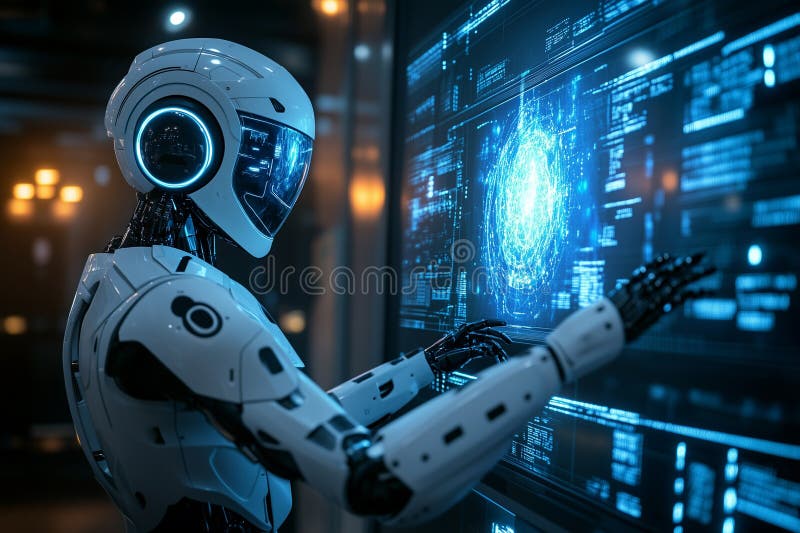 Humanoid Robot Interacting with Holographic Interface, AI Generated ...