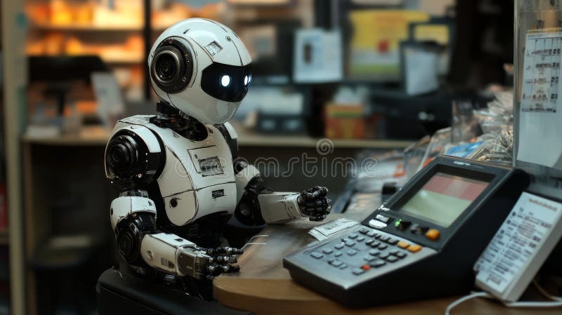 Humanoid Robot Interacting at a Register in a Retail Setting Stock ...