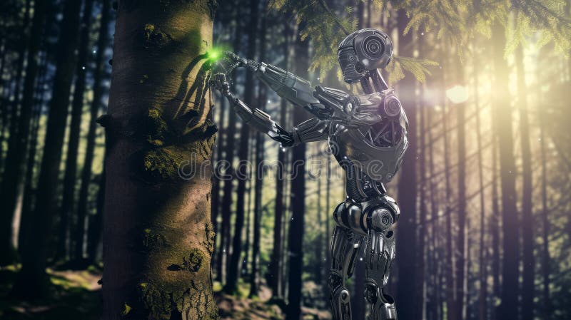 Humanoid Robot Interacting with Tree in Forest at Sunrise Stock Image ...