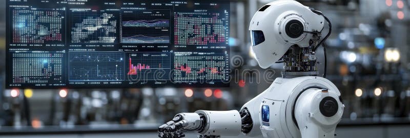 Humanoid Robot Interacts with Digital Data Panels Stock Illustration ...