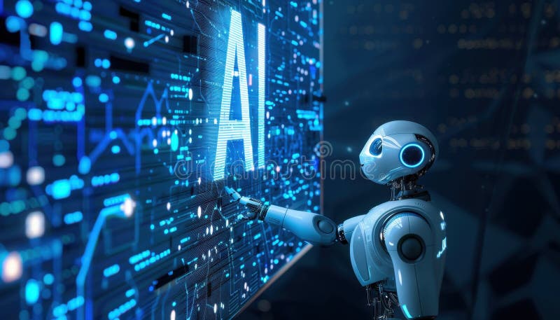 A Humanoid Robot Interacts with a Digital Interface Displaying ...