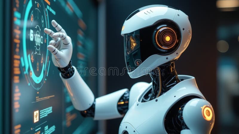 A Humanoid Robot Interacts with a Futuristic Touchscreen Display in a ...