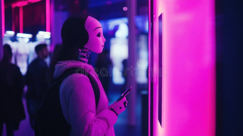 Humanoid Robot Interacts with a Glowing Display in a Futuristic Setting ...