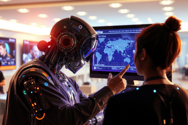 Humanoid Robot Interacts with Person in Futuristic Control Room ...