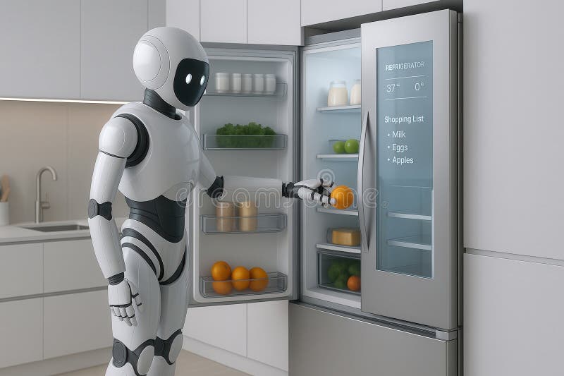 Robot Checking Smart Fridge for Grocery List Items Stock Photo - Image ...