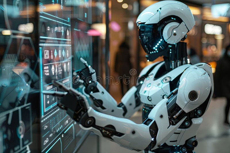 A Humanoid Robot Interacts with a Touchscreen Display Showcasing AI ...