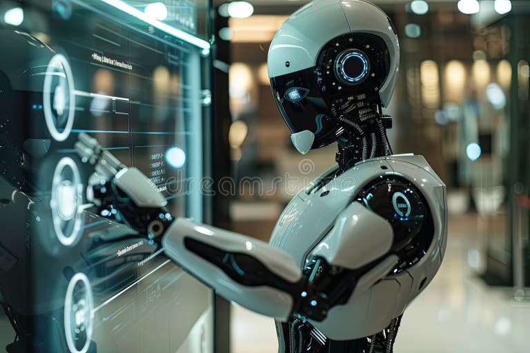 A Humanoid Robot Interacts with a Touchscreen Interface, Displaying AI ...