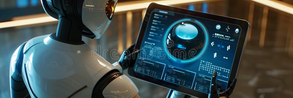 A Humanoid Robot Interacts with a Touchscreen Interface in a Modern Setting, Displaying Various ...