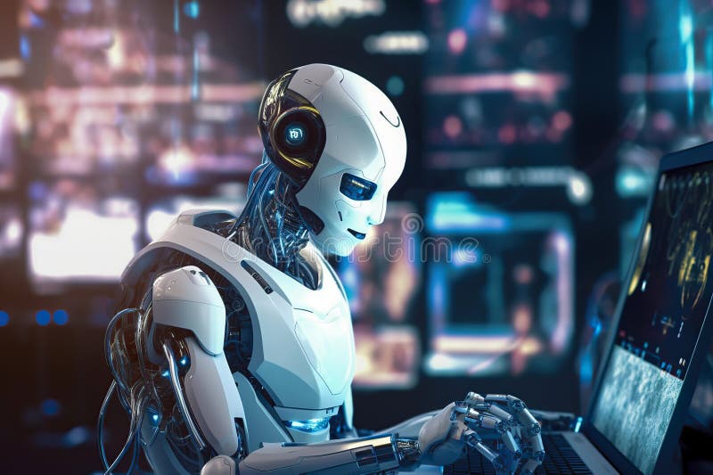 A Humanoid Robot with Intricate Details is Working on a Computer Amidst ...