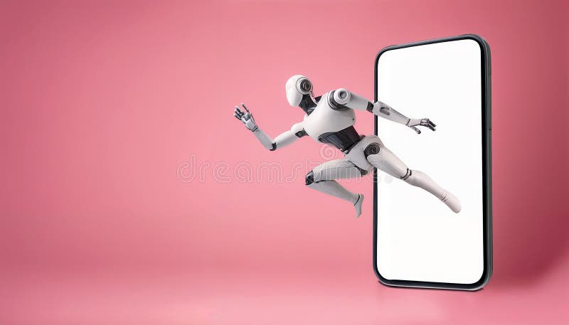 A Humanoid Robot Jumping Out of a Smartphone Screen Stock Image - Image ...