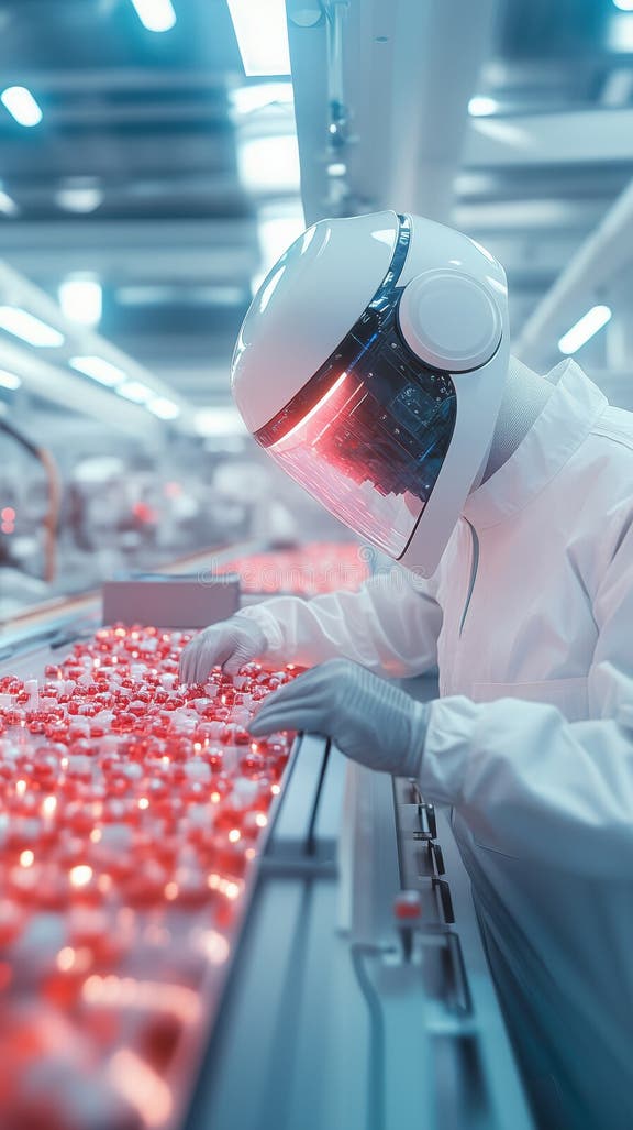 Humanoid Robot in Lab Coat Assembling Red Capsules in High Tech ...